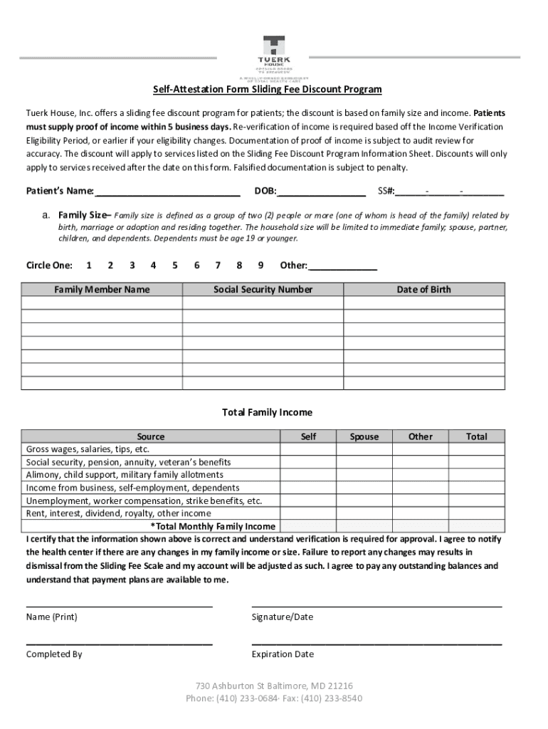 Fillable Online Self-Attestation Form Sliding Fee Discount Program ...