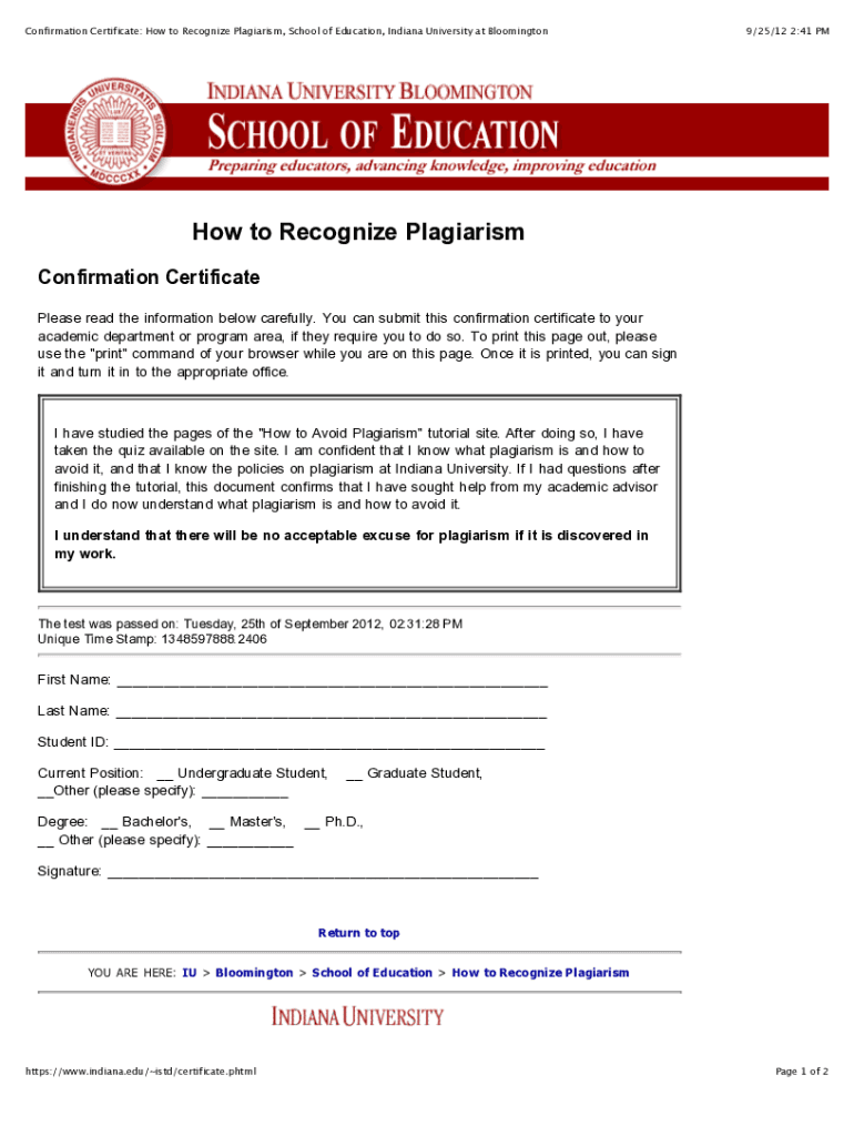 Fillable Online Confirmation Certificate: How to Recognize Plagiarism ...