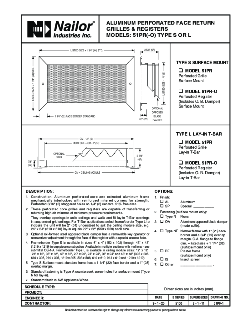 Fillable Online Submittal, Models 51PR(-O) Type S or L, Aluminum ...