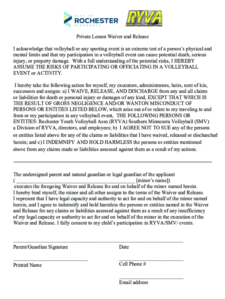 Fillable Online Private Lesson Waiver and Release I acknowledge that volleyball or ... Fax Email ...