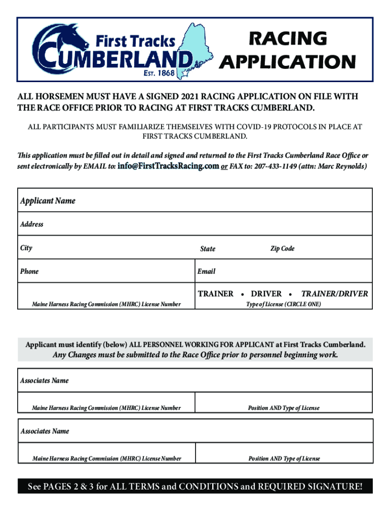 Fillable Online Racing Application First Tracks Cumberland Fax Email ...
