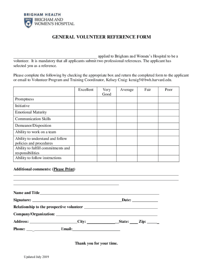 Fillable Online General Volunteer Reference Form Fax Email Print ...