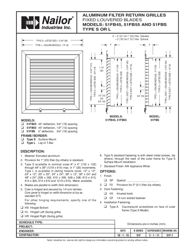 Fillable Online Submittal, Models 51FB45 and 51FB55 and 51FBS - Type S or L, Aluminum Filter ...