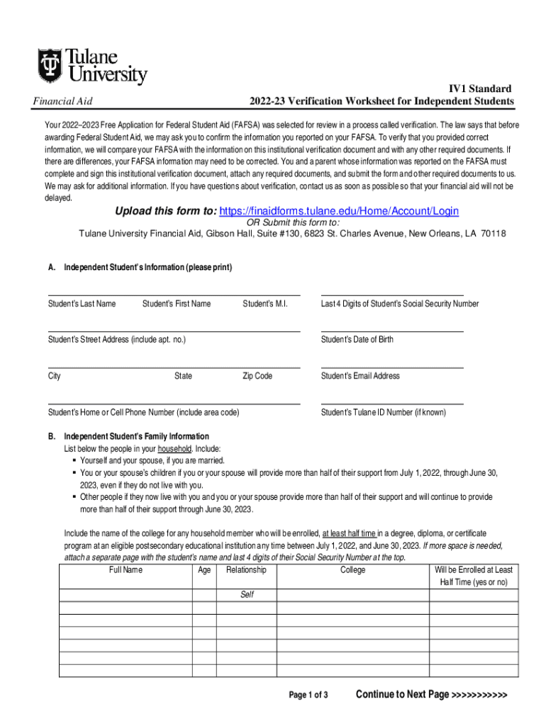 Fillable Online financialaid tulane IV1 Standard Financial Aid 2022-23 Verification Worksheet ...
