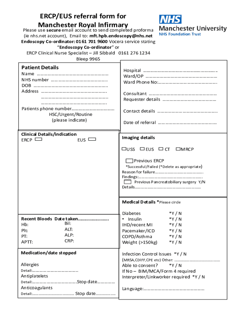 Fillable Online ERCP/EUS referral form for Manchester Royal Infirmary ...