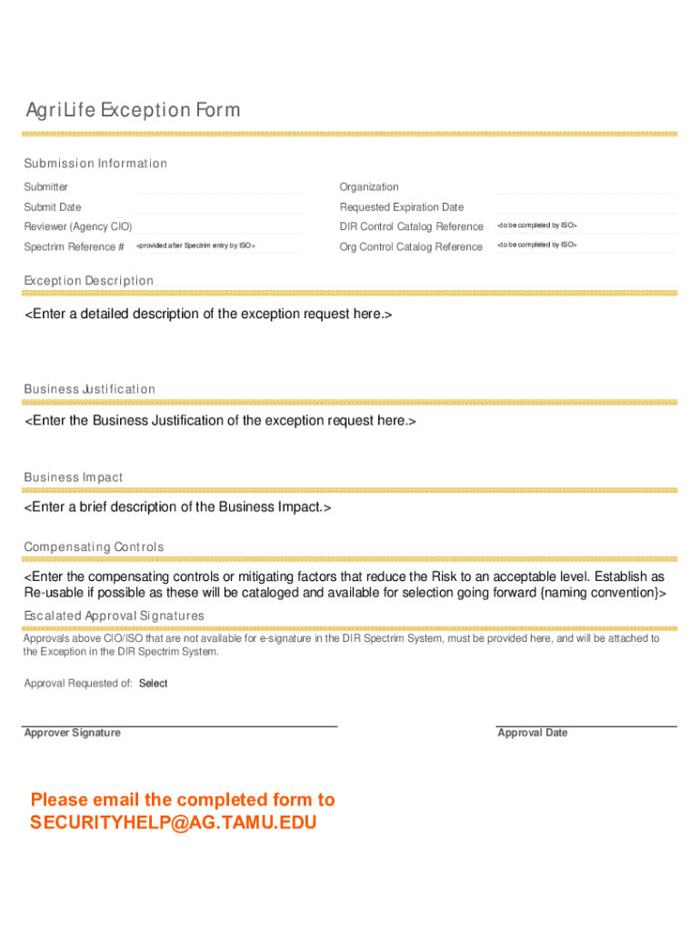 Fillable Online AgriLife Exception Form Fax Email Print - pdfFiller