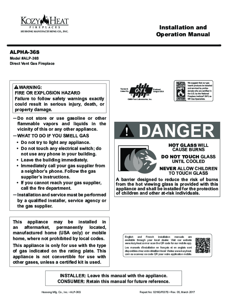Fillable Online kozy heat ALPHA 36S Installation And Operation Manual Fax Email Print - pdfFiller