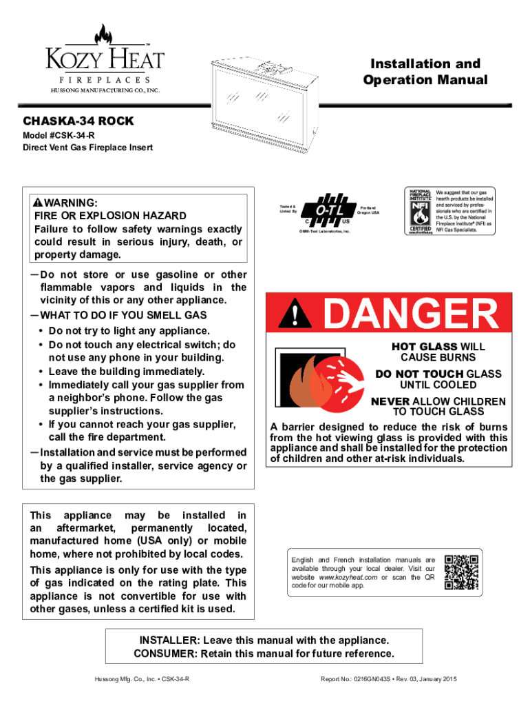 Fillable Online Kozyheat Chaska 34 Gas Insert Owner's Manual Fax Email ...