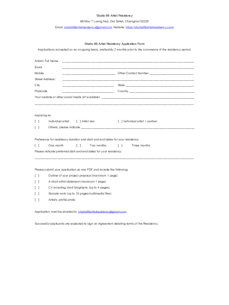 Fillable Online Studio 88 Artist ResidencyA space for making and ...