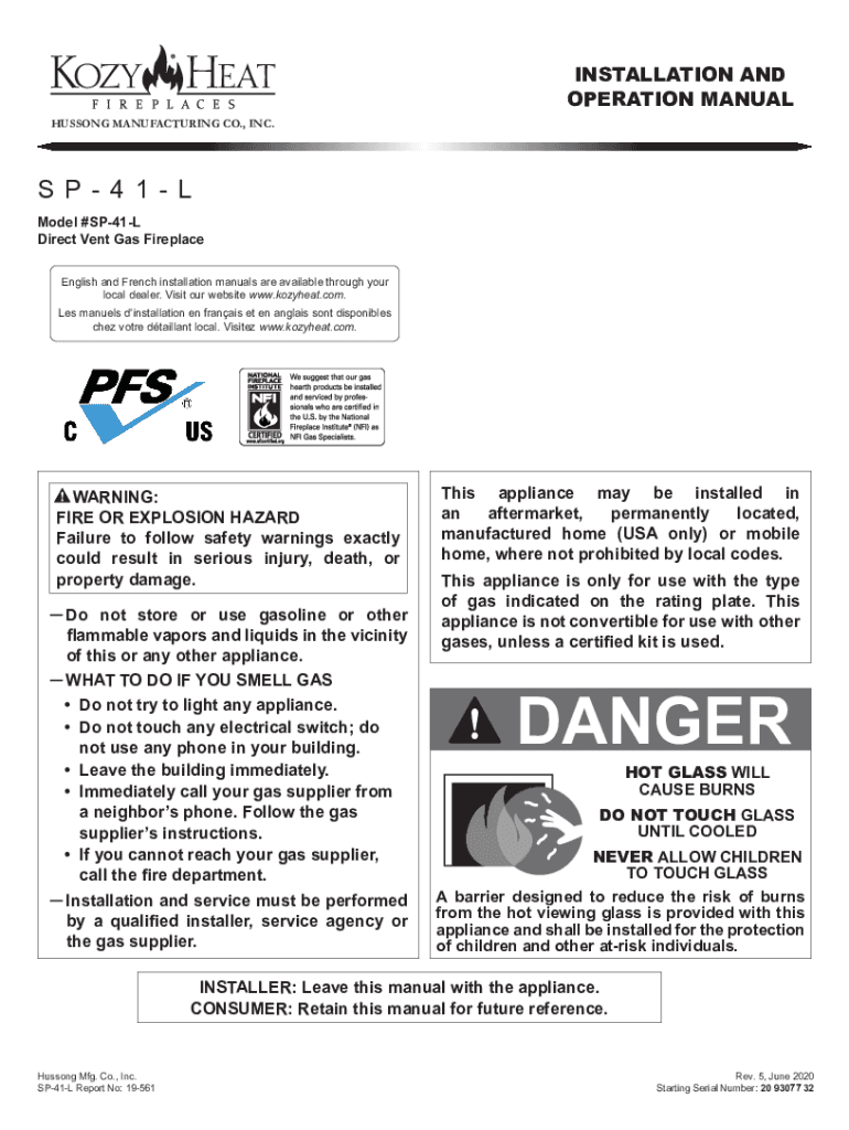 Fillable Online kozy heat SP-41-L Installation And Operation Manual Fax ...