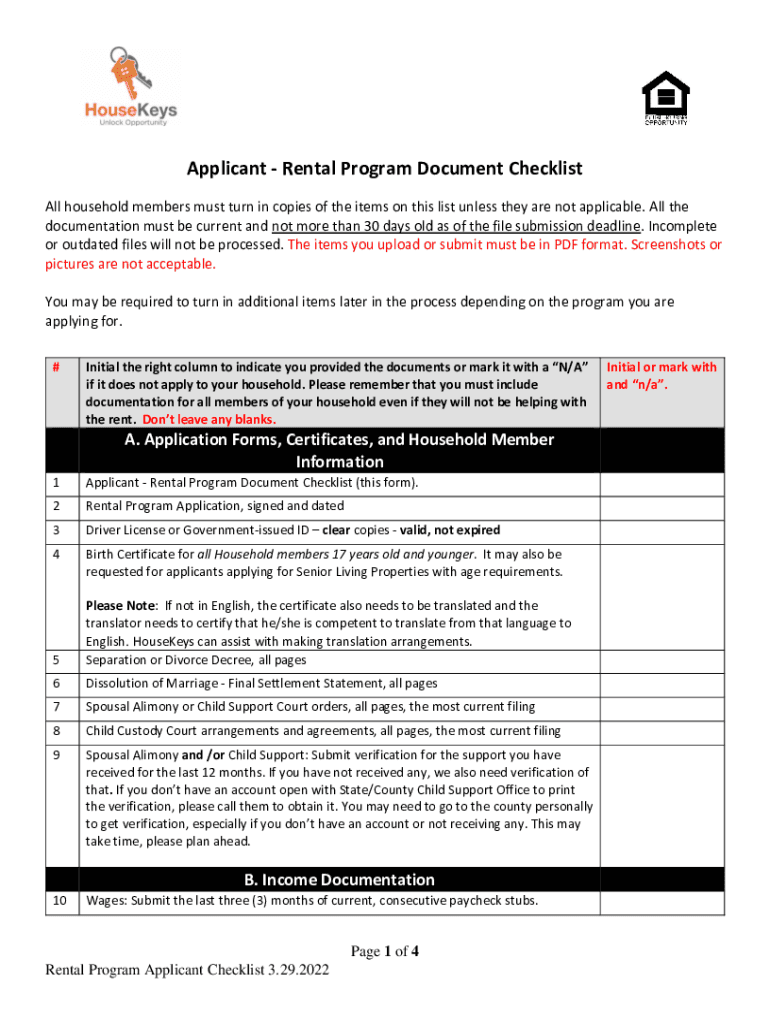 Fillable Online Applicant - Rental Program Document Checklist Fax Email ...