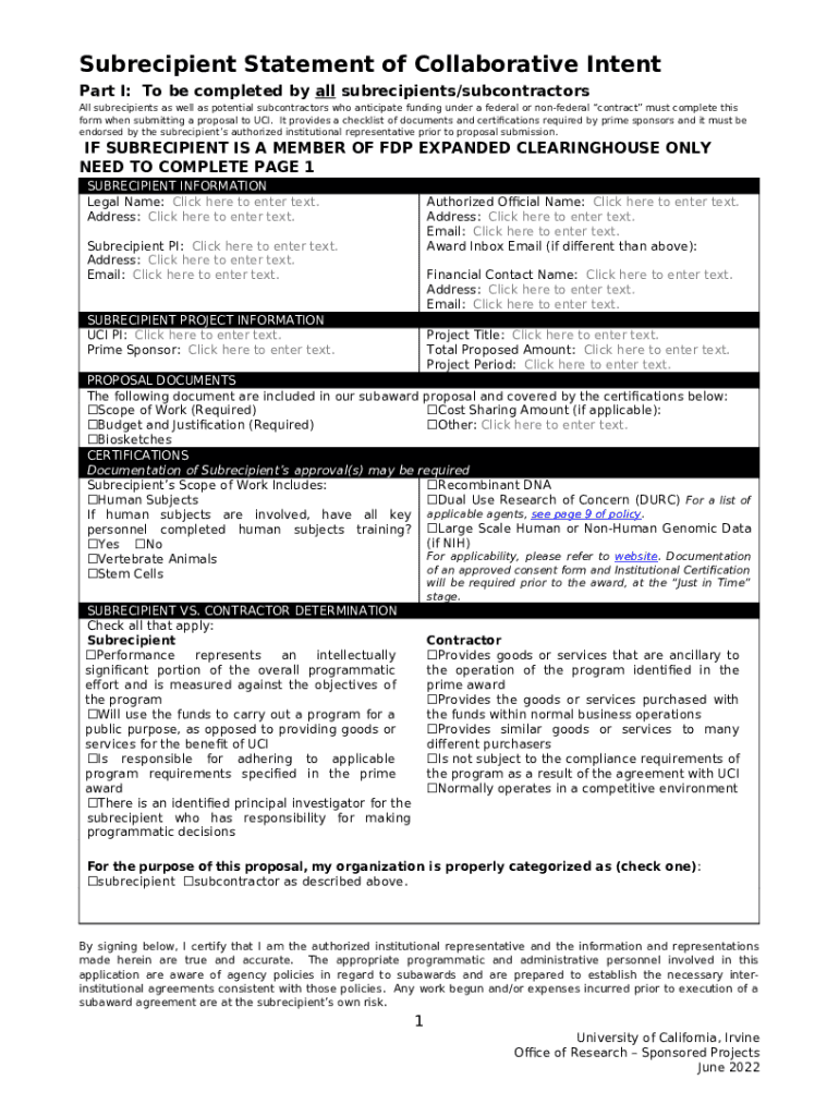 Letter of Commitment for Subrecipients ... - ORSP - research uci Doc Template | pdfFiller