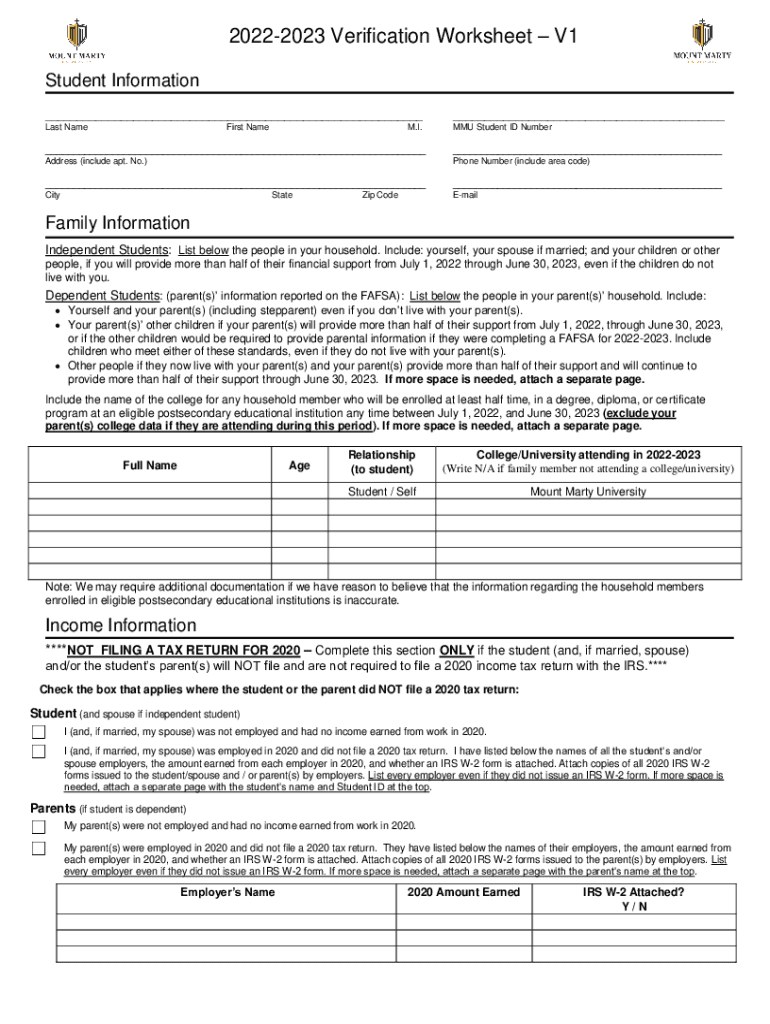 Fillable Online 2022-2023 V1 Verification Worksheet- DEPENDENT Fax Email Print - pdfFiller