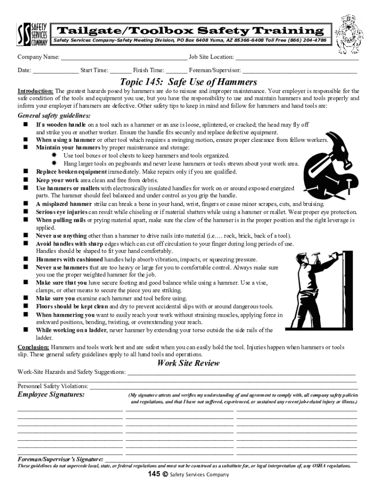 Fillable Online Tailgate/Toolbox Safety Training - SERVICES COMPANY Fax ...