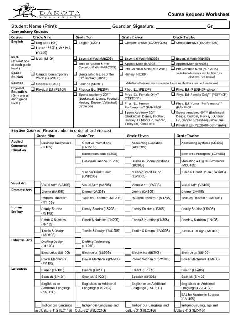 Fillable Online Course Request Worksheet Grade Fax Email Print - pdfFiller