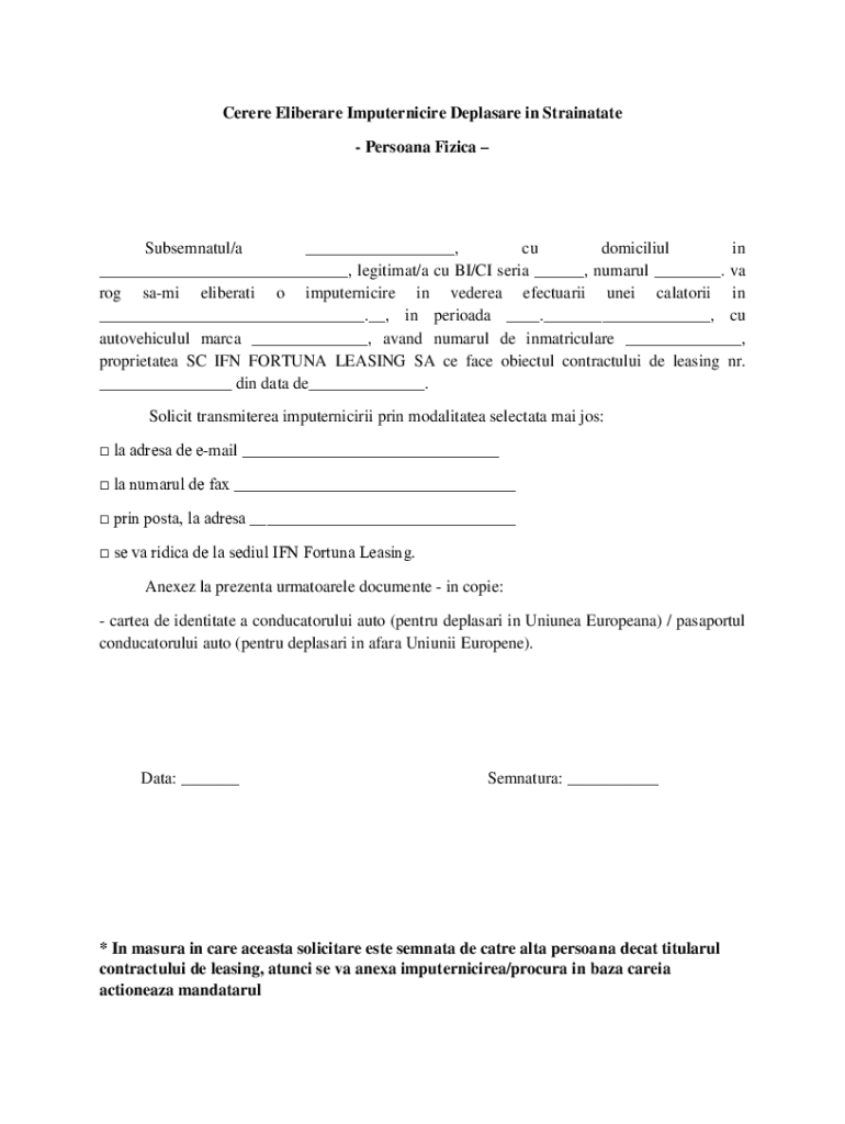 Fillable Online Cerere Eliberare Imputernicire Deplasare in Strainatate ...