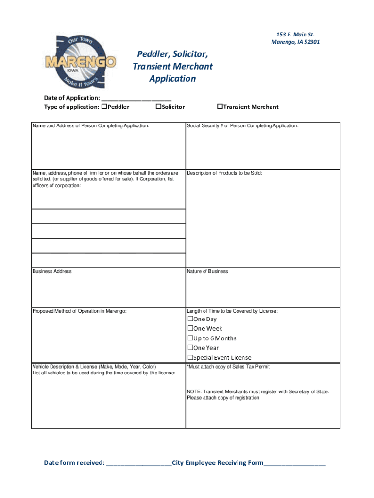Fillable Online Application for Peddler / Solicitor / Transient ...