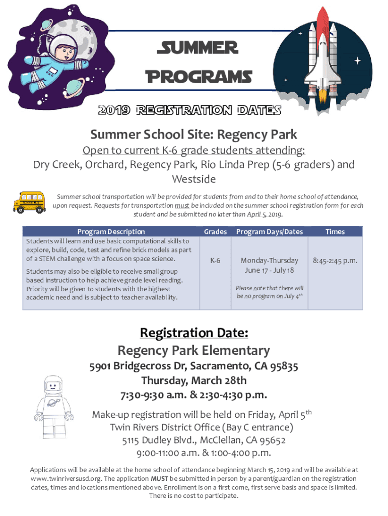 Fillable Online Summer School - Regency Park Elementary Fax Email Print - pdfFiller