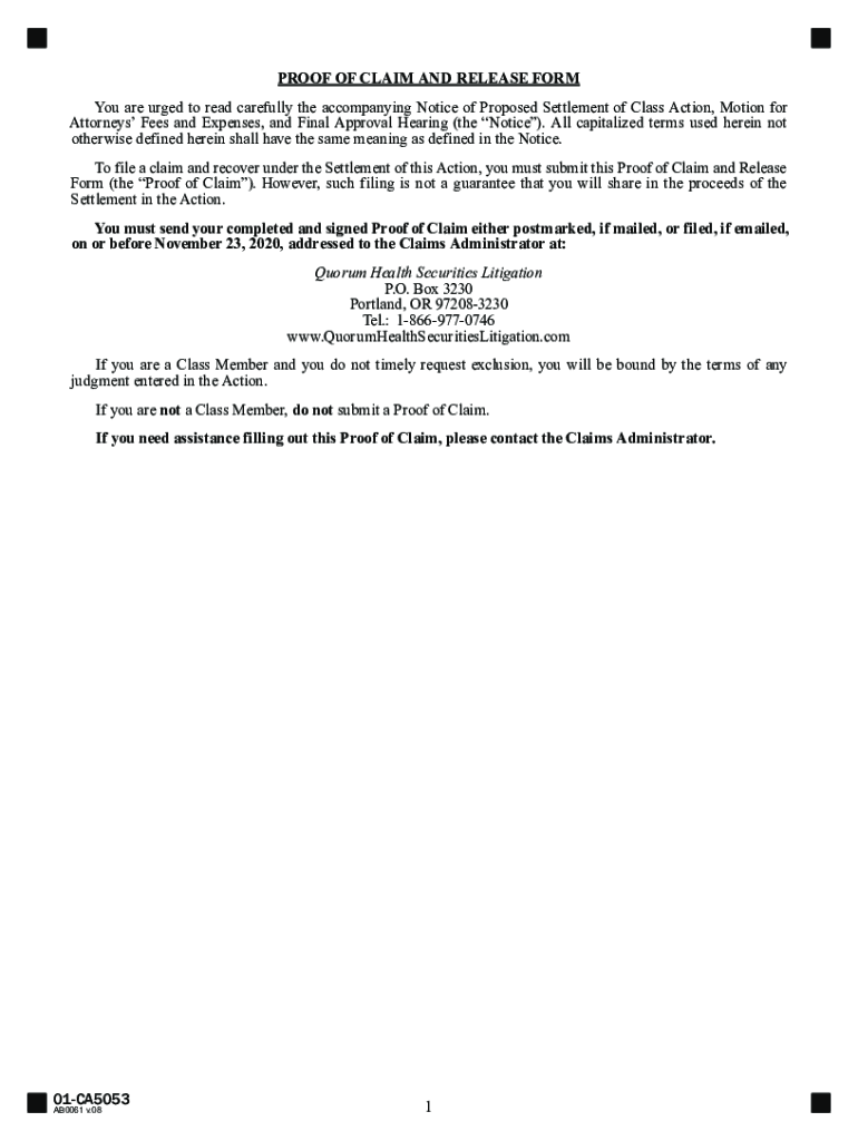 Fillable Online 01-CA5053 1 PROOF OF CLAIM AND RELEASE FORM ... Fax ...