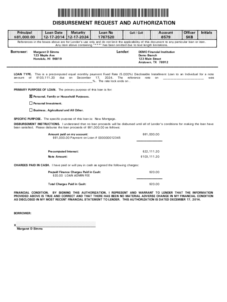 Fillable Online Disbursement Request and Authorization. Laser Pro ...