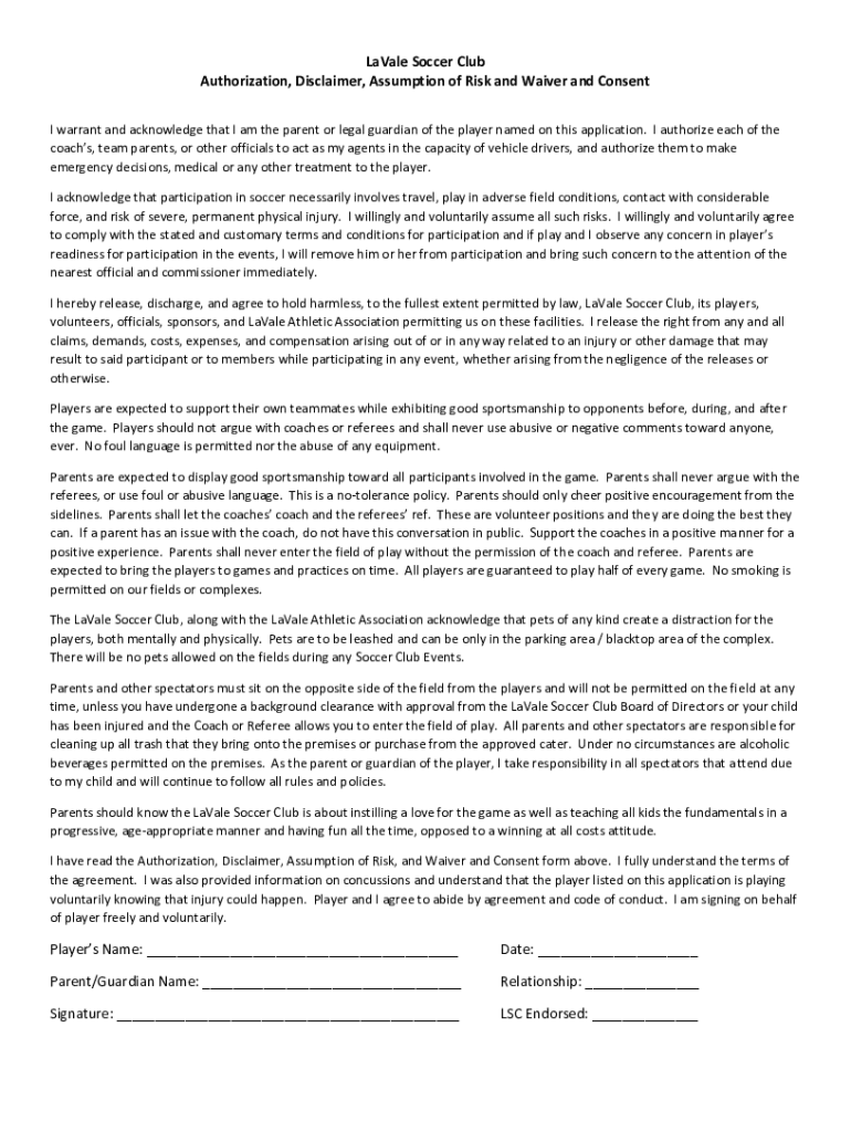 Fillable Online LaVale Soccer Club Authorization, Disclaimer ...