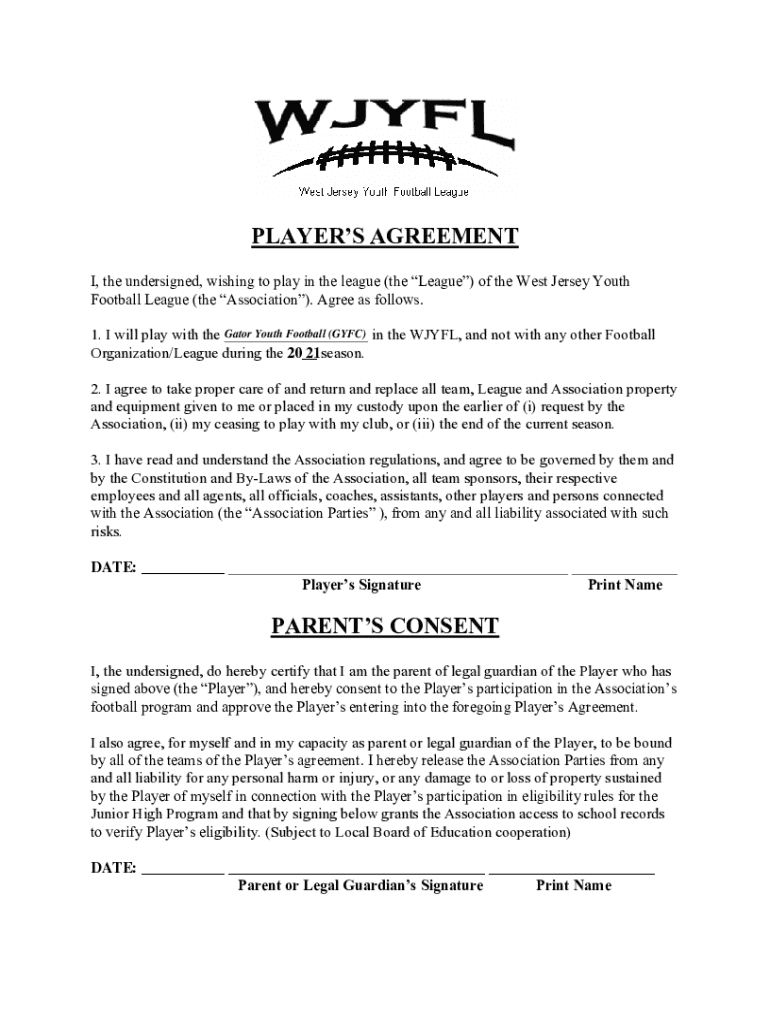 Fillable Online WJYFL Players Agreement-Parents Consent Form.pdf Fax ...