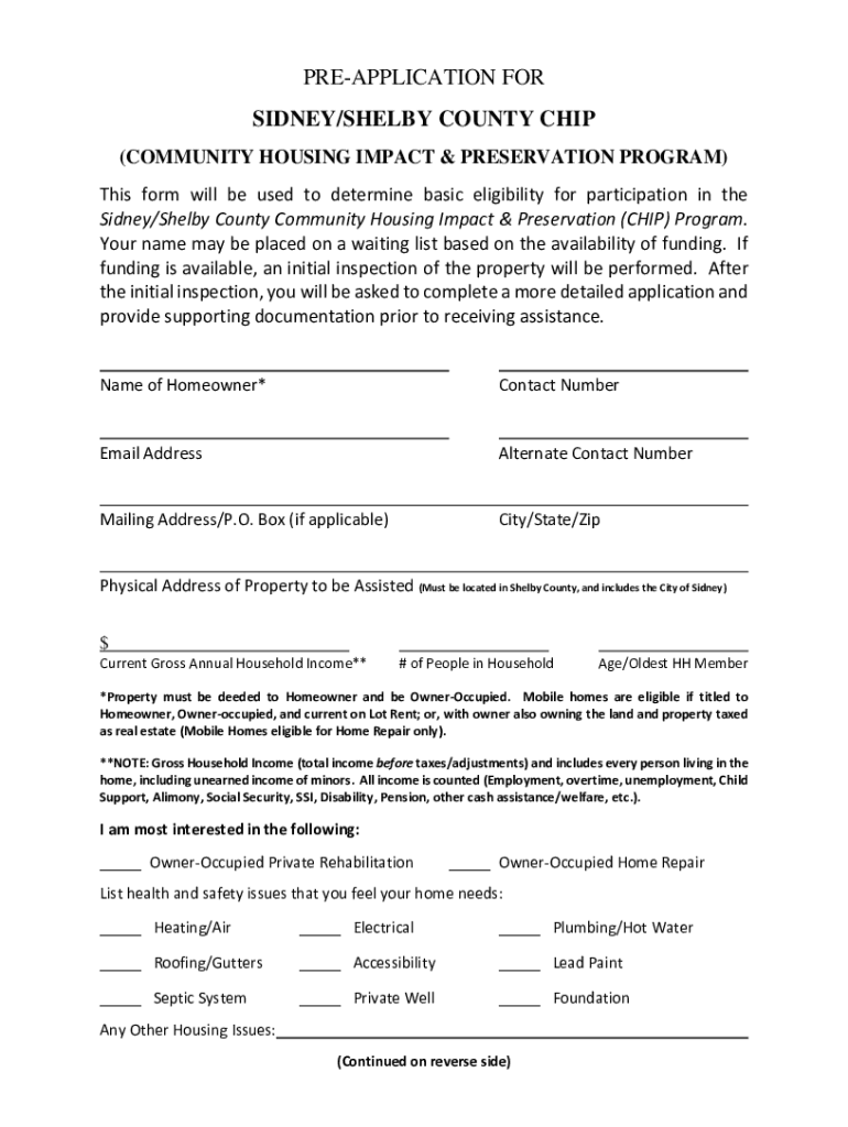 Fillable Online PRE-APPLICATION FOR SIDNEY/SHELBY COUNTY CHIP Fax Email ...