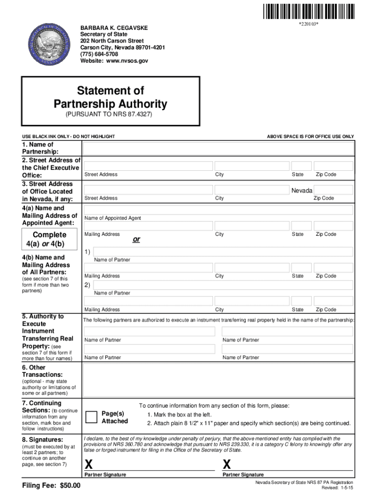 Fillable Online Statement of Partnership Authority Pursuant to NRS 87. ...