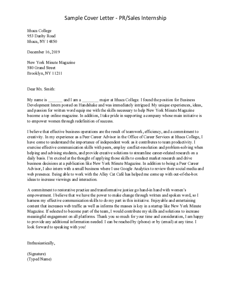 Fillable Online Sample Cover Letter - PR/Sales Internship Fax Email ...