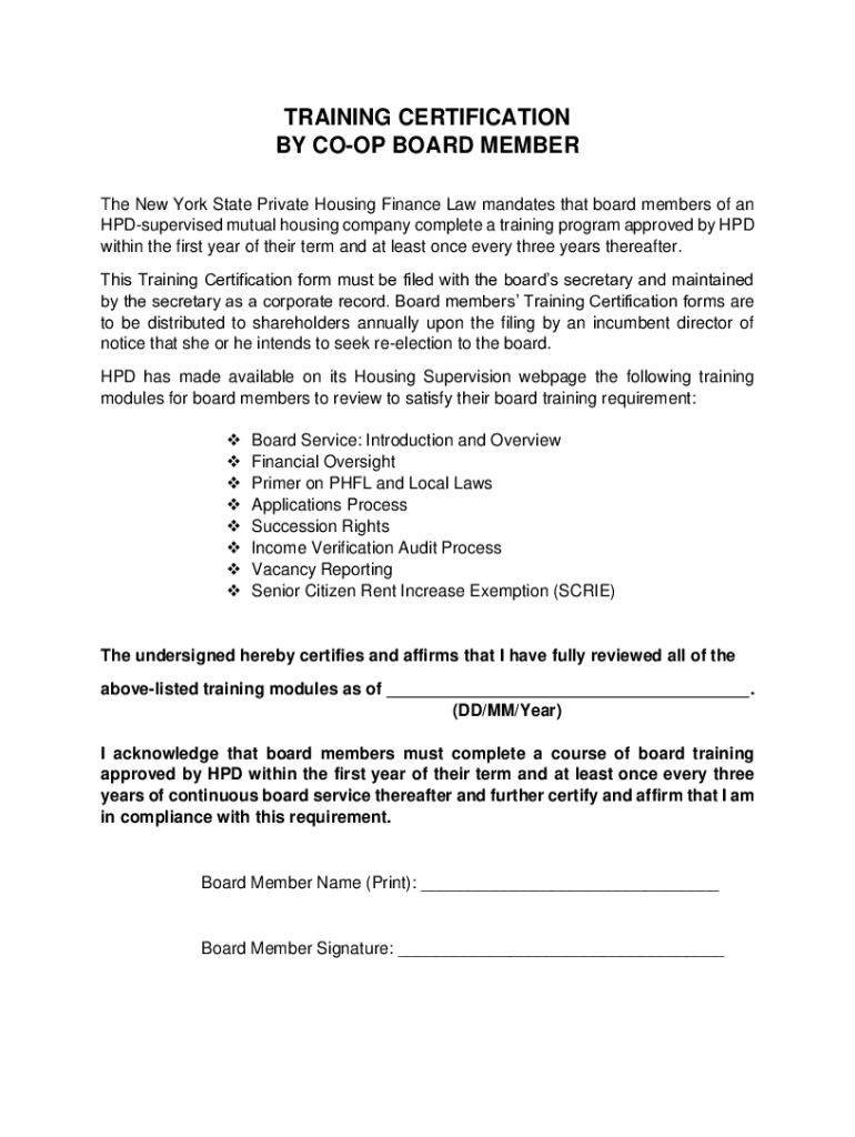 Fillable Online TRAINING CERTIFICATION BY CO-OP BOARD MEMBER Fax Email ...