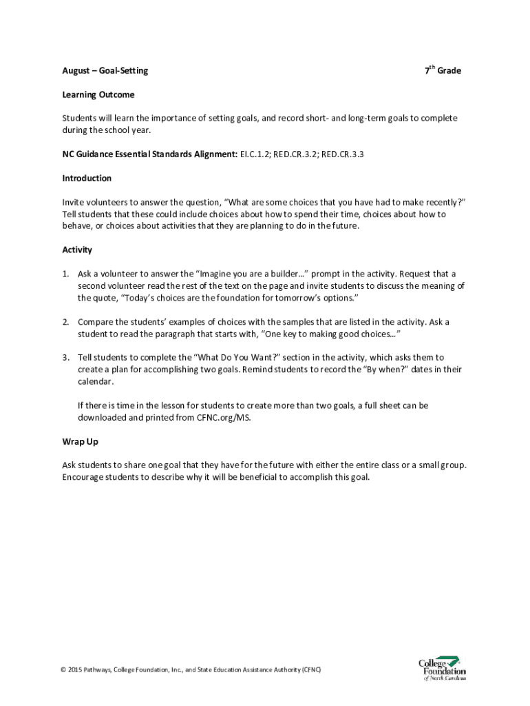 Fillable Online Goal-Setting 7th Grade Learning Outcome Students will ...
