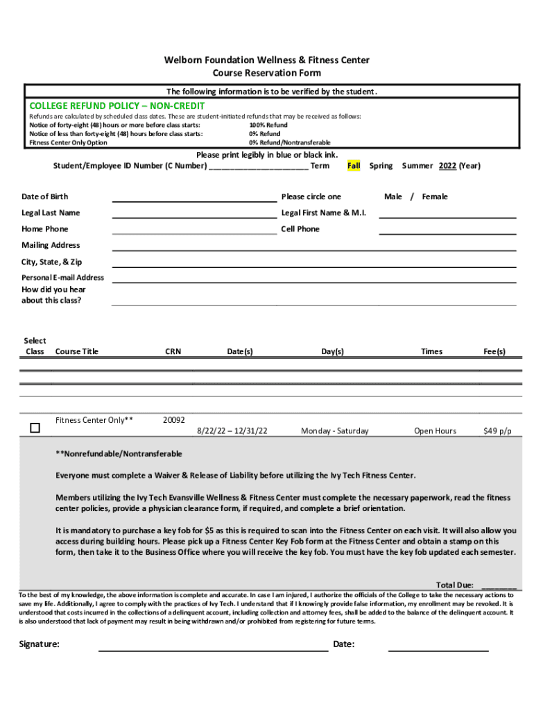 Fillable Online Ivy Tech Wellness and Fitness Center Fax Email Print - pdfFiller