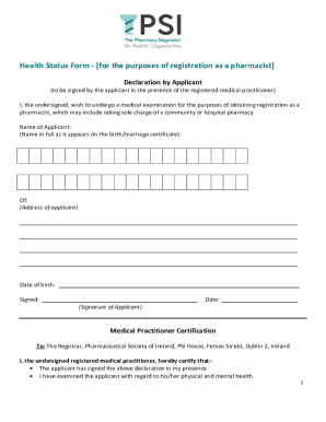 Fillable Online Health Status Form - for the purposes of registration ...