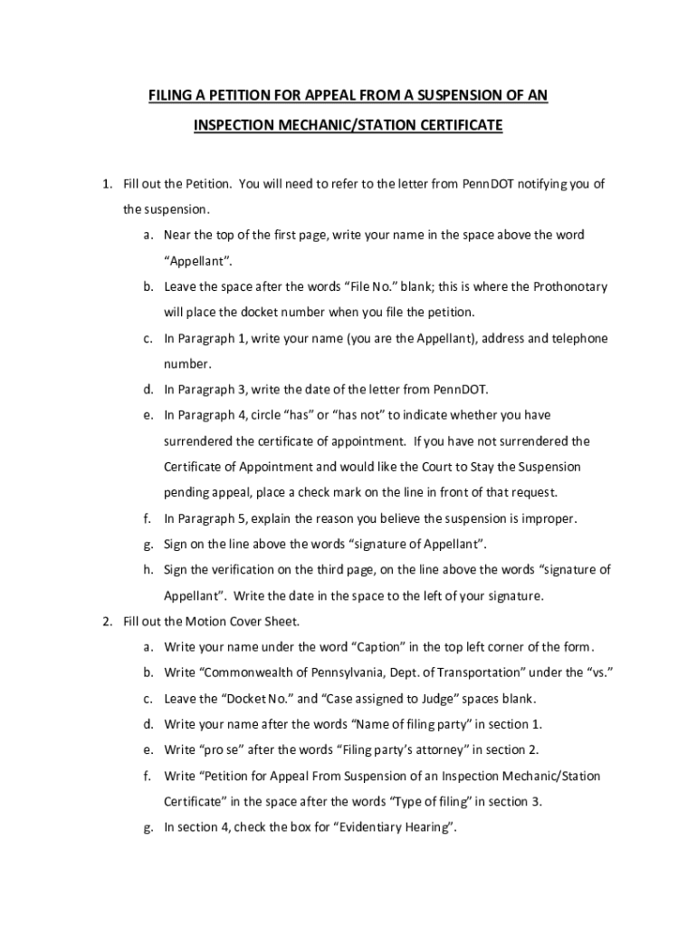 Fillable Online Petition For Appeal From Suspension Of An Inspection ...