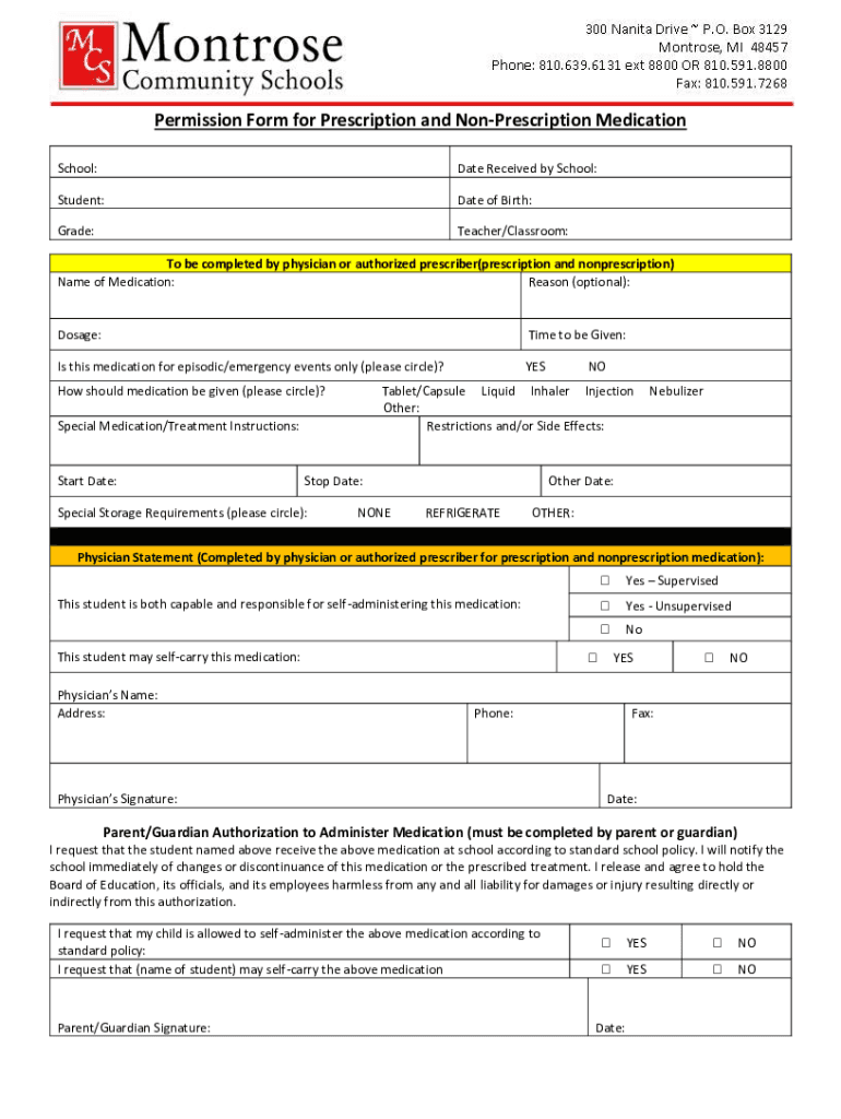 Fillable Online Permission Form for Prescription and Non-Perscription ...