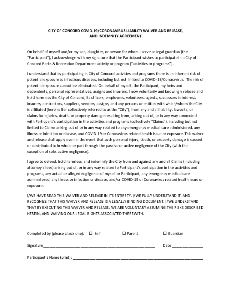 Fillable Online city of concord covid-19/coronavirus liability waiver ...