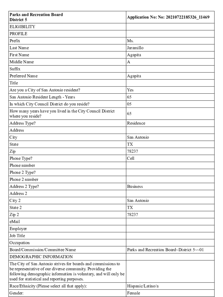 Fillable Online Parks and Recreation Board District 5 Application No ...