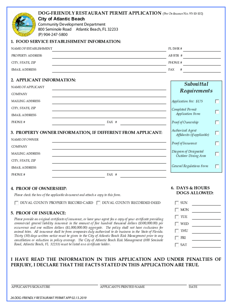 Fillable Online DOG-FRIENDLY RESTAURANT PERMIT APPLICATION (Per ... Fax ...