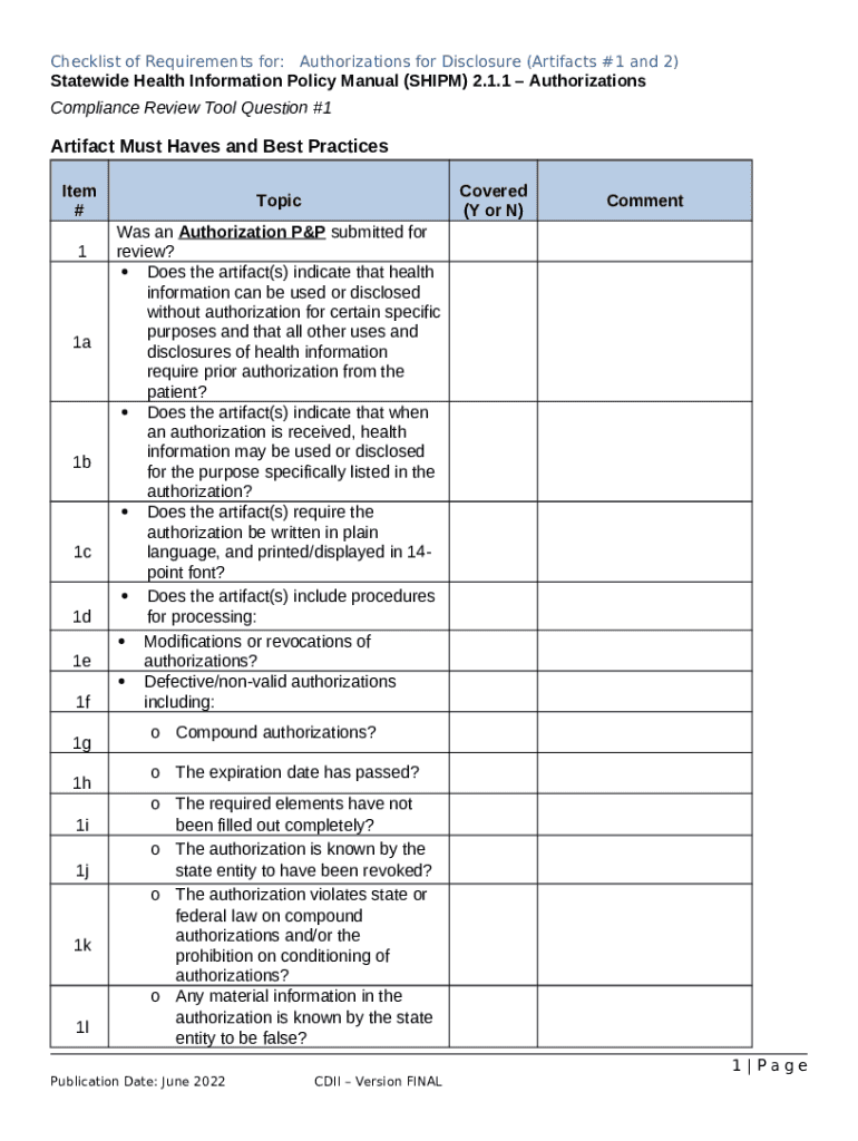 Authorizations for Disclosure (Artifacts #1 and 2) Doc Template | pdfFiller