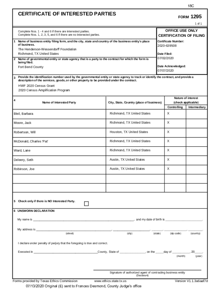 Fillable Online SAMPLE FORM V CERTIFICATE OF INTERESTED ... Fax Email Print - pdfFiller