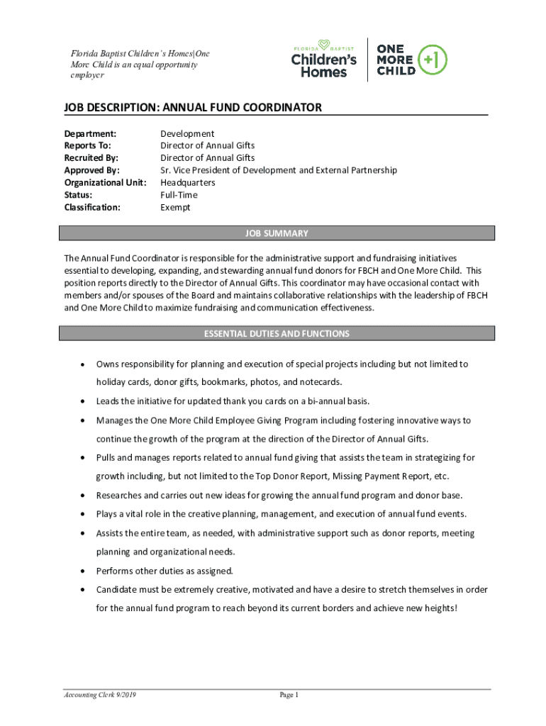 Fillable Online Campus Job Descriptions - FBCH + One More Child Fax ...