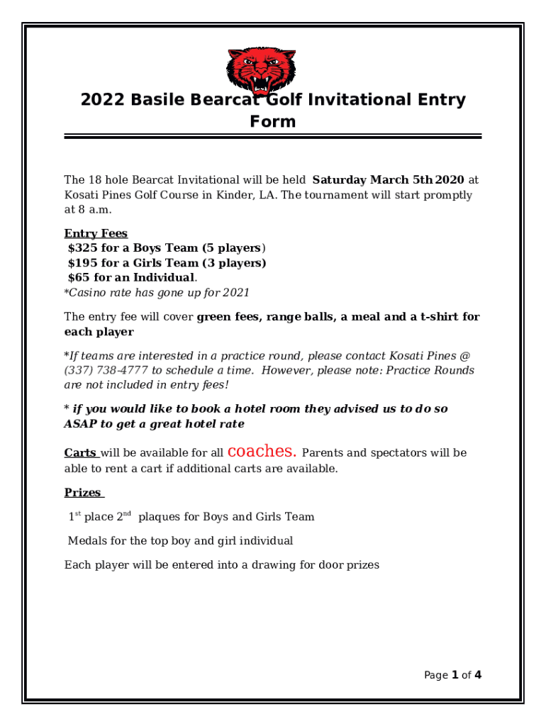 2022 Basile Bearcat Golf Invitational Entry Doc Template | pdfFiller