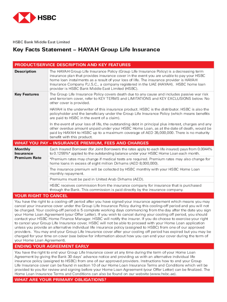 Fillable Online Key Facts Statement HAYAH Group Life Insurance HSBC ...