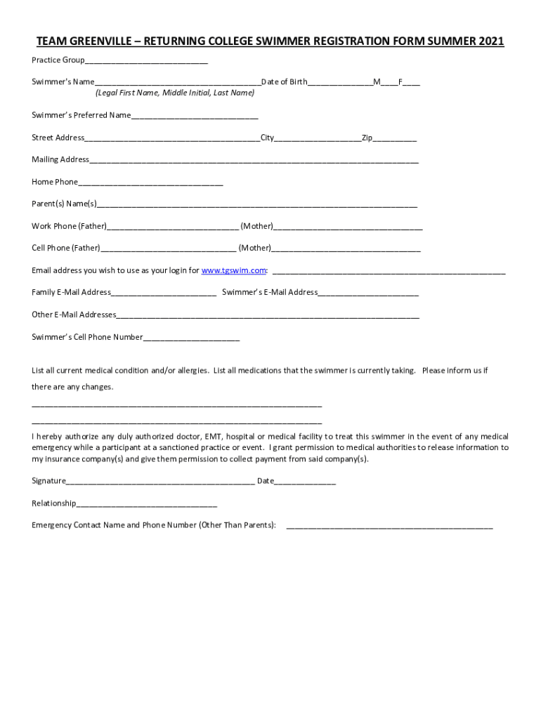 Fillable Online 2021 Team Greenville College Swimmer Registration Form ...