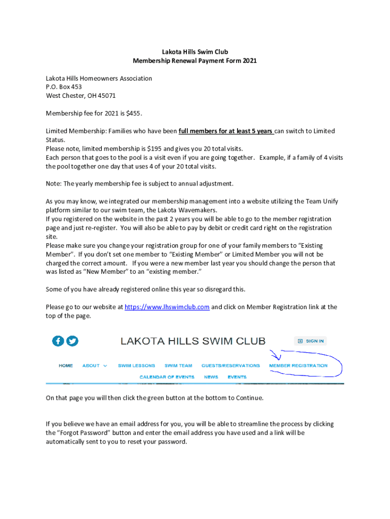 Fillable Online Lakota Hills Swim Club Membership Renewal Payment ...