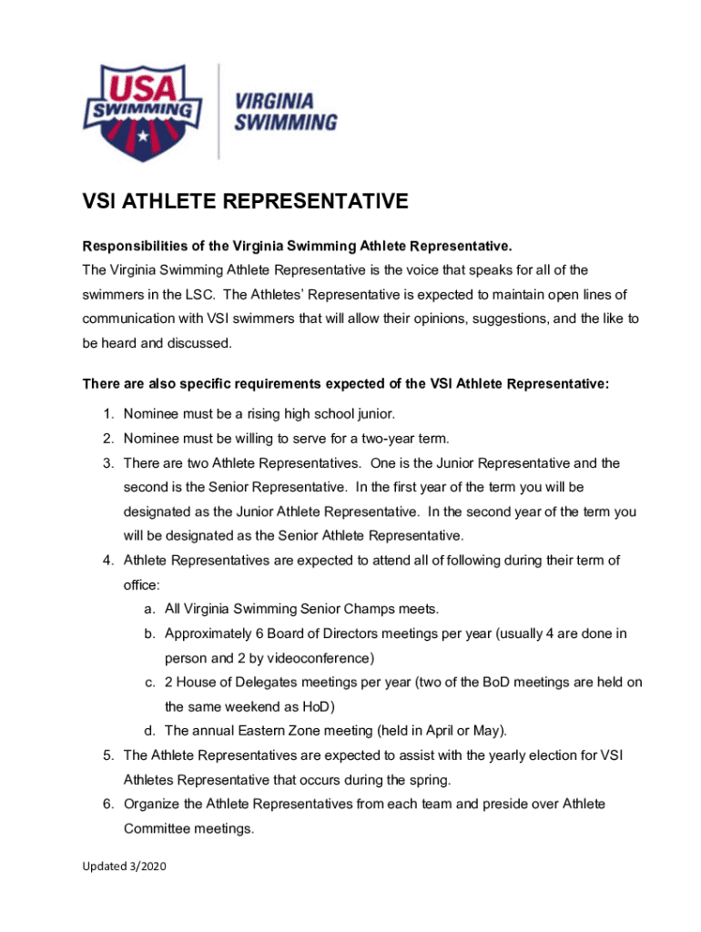Fillable Online VSI Athlete Representative Bio Form - Virginia Swimming ...