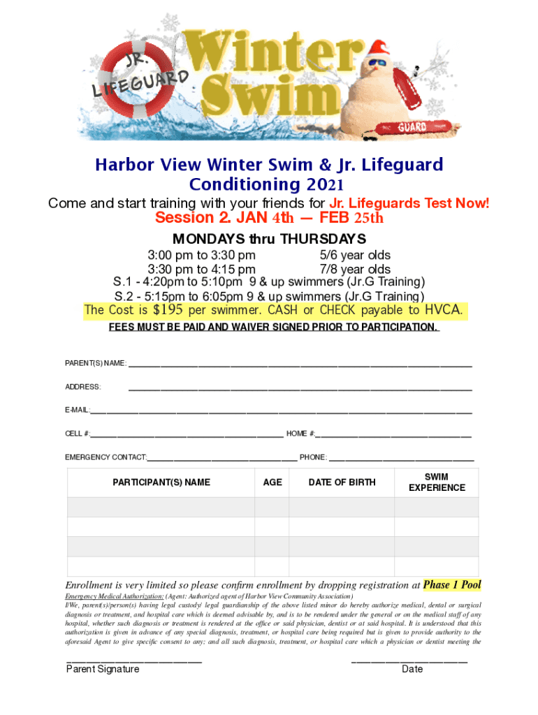 Fillable Online Harbor View Swim Team (HVST) - Winter Swim Fax Email ...
