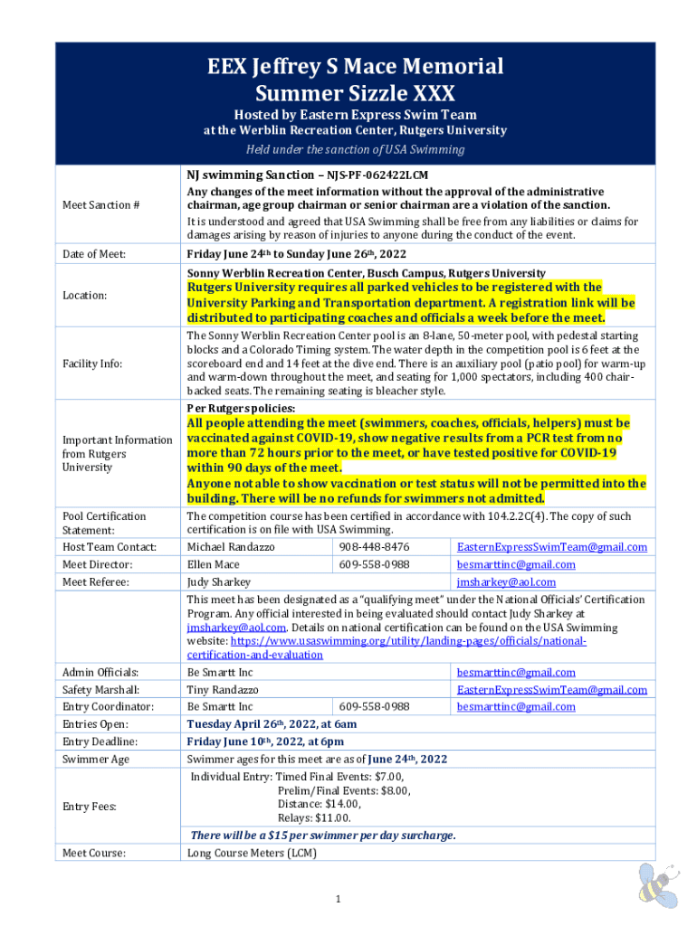 Fillable Online EEX Jeff Mace Summer SizzleSwim MeetsCalendar Fax Email Print - pdfFiller