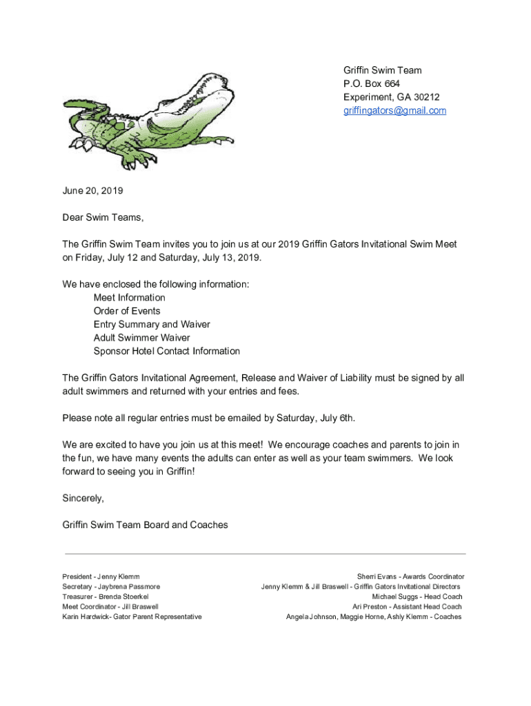 Fillable Online Griffin Swim Team PO Box 664 Experiment, GA 30212 Fax ...