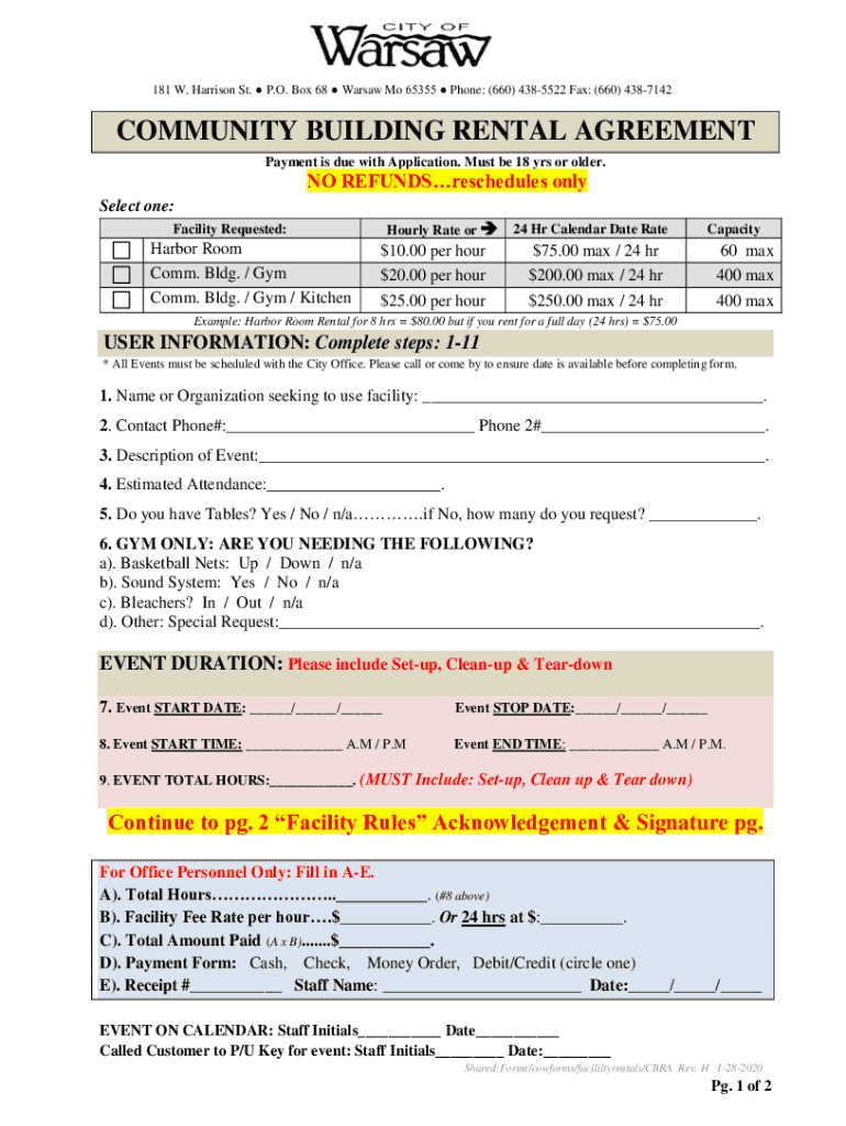Fillable Online Community Building Rental Agreement/Application Fax ...